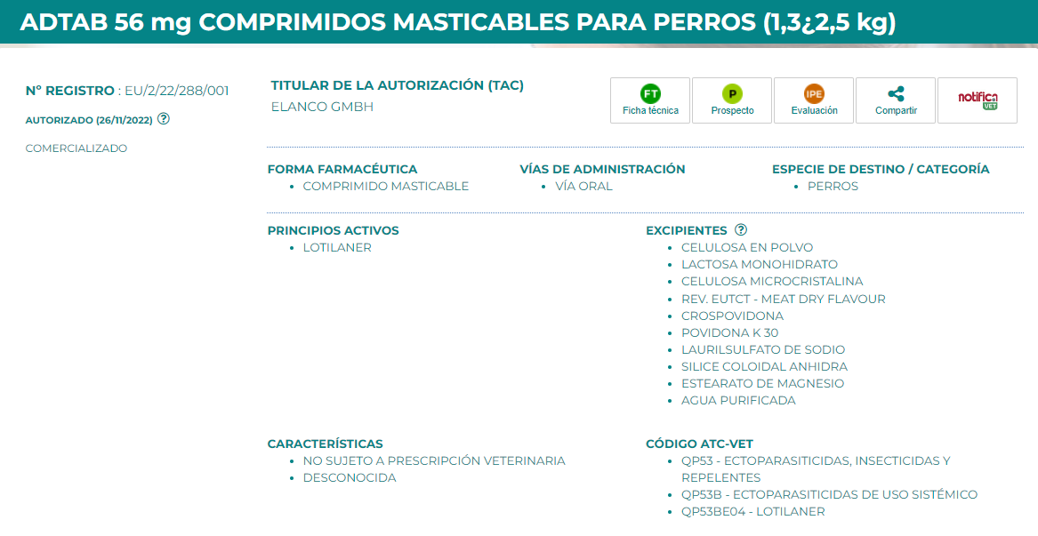 AdTab Antiparasitario comprimido masticable para perros PESO 450mg 11-22kg