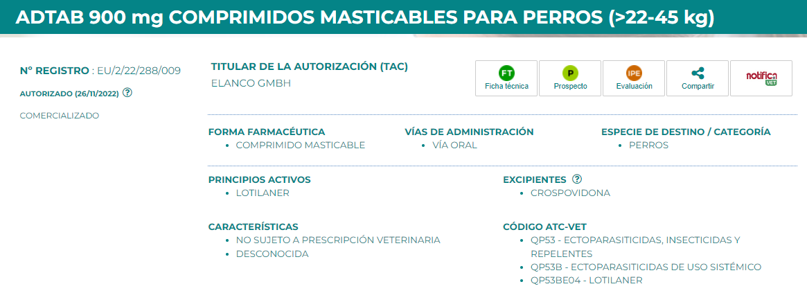 AdTab Antiparasitario comprimido masticable para perros Peso 450mg 11-22kg
